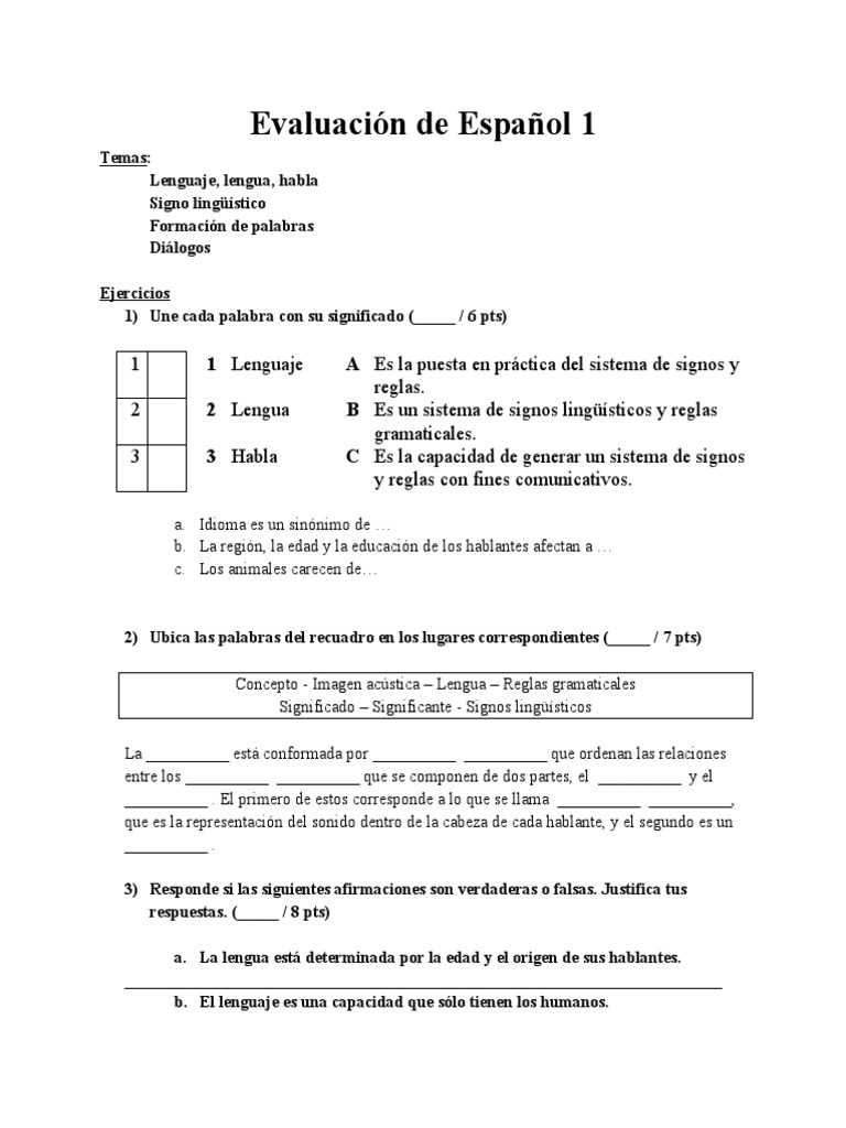 Evaluación de Español 1 - Tema 1 - 2014 | PDF | Palabra | Habla