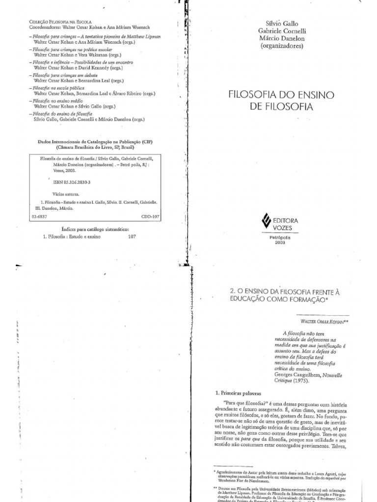 KOHAN, Walter Omar. O Ensino Da Filosofia Frente À Educação Como ...