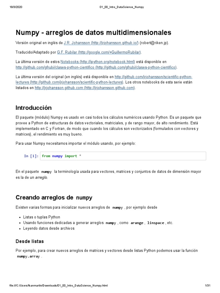 01 00 Intro DataScience Numpy | PDF | Estructura de datos de matriz | Python (lenguaje de ...