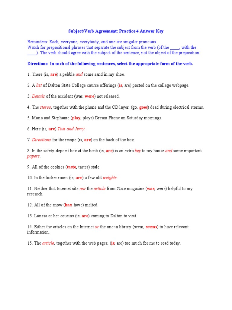 Subject/Verb Agreement: Practice 4 Answer Key: Are Is Were Goes Play ...