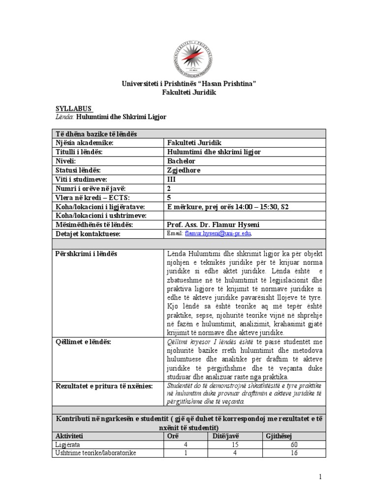 Syllabus: Lënda: Hulumtimi Dhe Shkrimi Ligjor | PDF