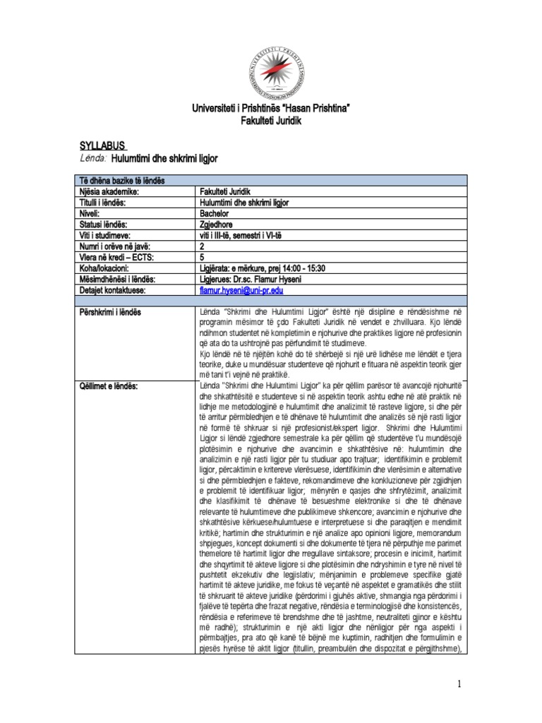 Universiteti I Prishtinës "Hasan Prishtina" Fakulteti Juridik Syllabus Lënda: Hulumtimi Dhe ...