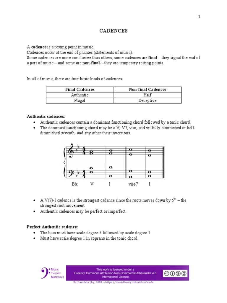 Cadences: Final Cadences Non-Final Cadences | PDF | Chord (Music ...