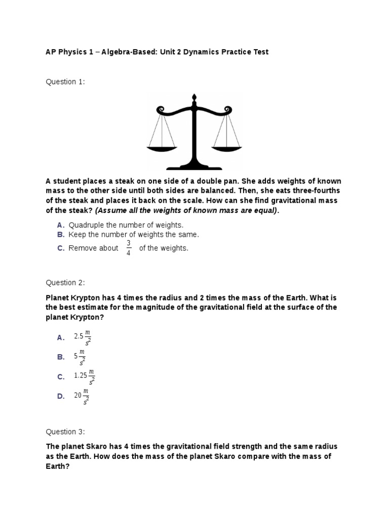 AP Physics 1 Algebra Based Unit 2 Dynamics | PDF | Weight | Force