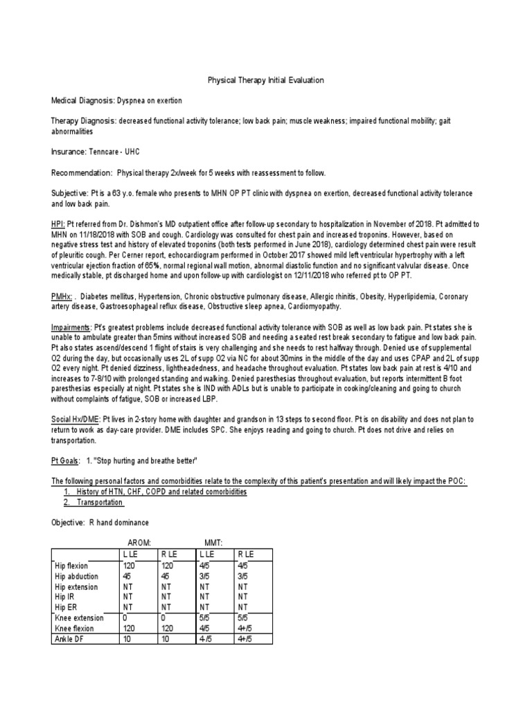 Physical Therapy Initial Evaluation | PDF | Balance (Ability) | Cardiology