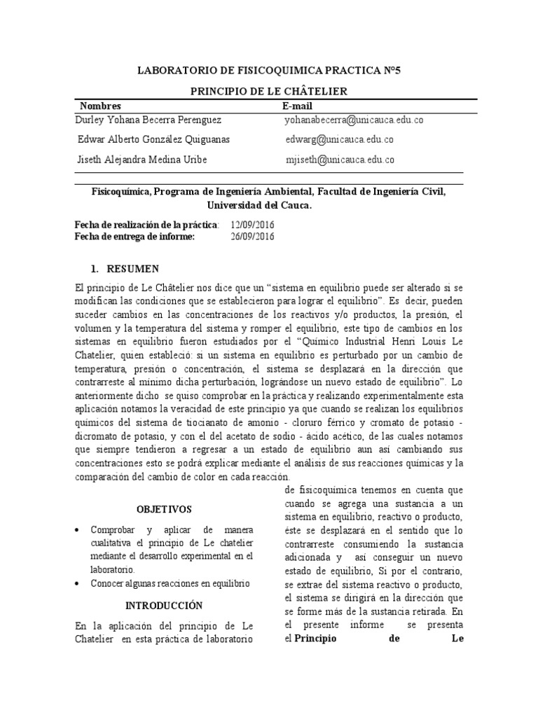 LABORATORIO DE FISICOQUIMICA PRACTICA N5 Principios de Le Chateliar ... LABORATORIO DE FISICOQUIMICA PRACTICA N5 Principios de Le Chateliar ...