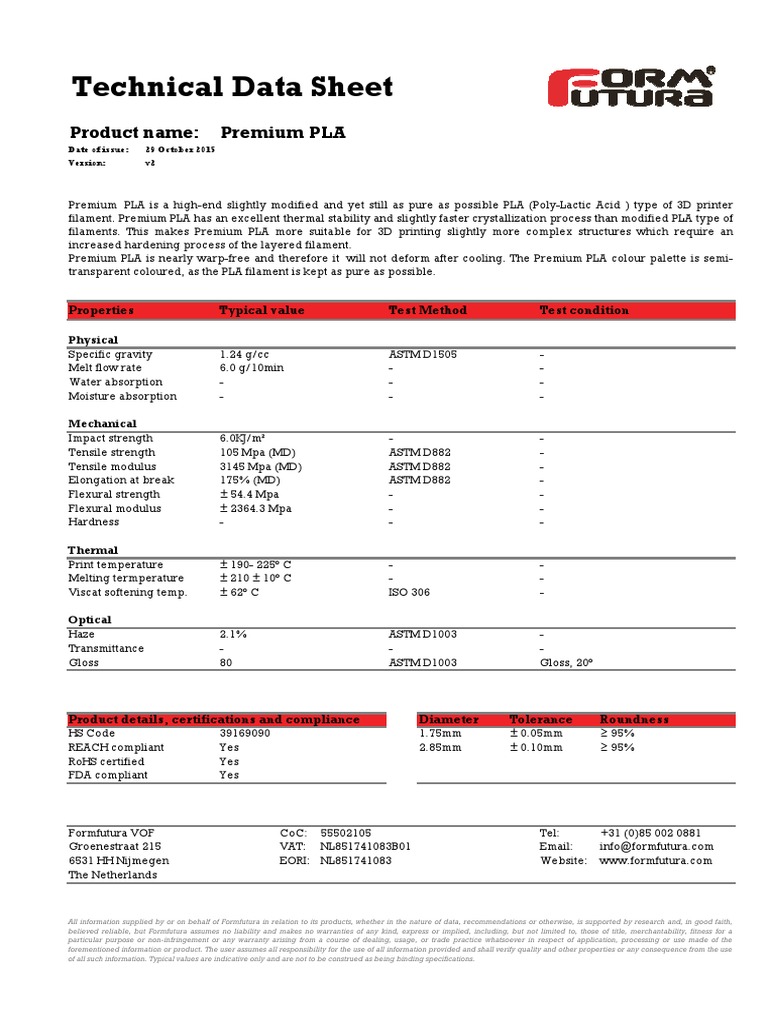 TDS - Premium PLA | PDF | Fibers | Materials Science