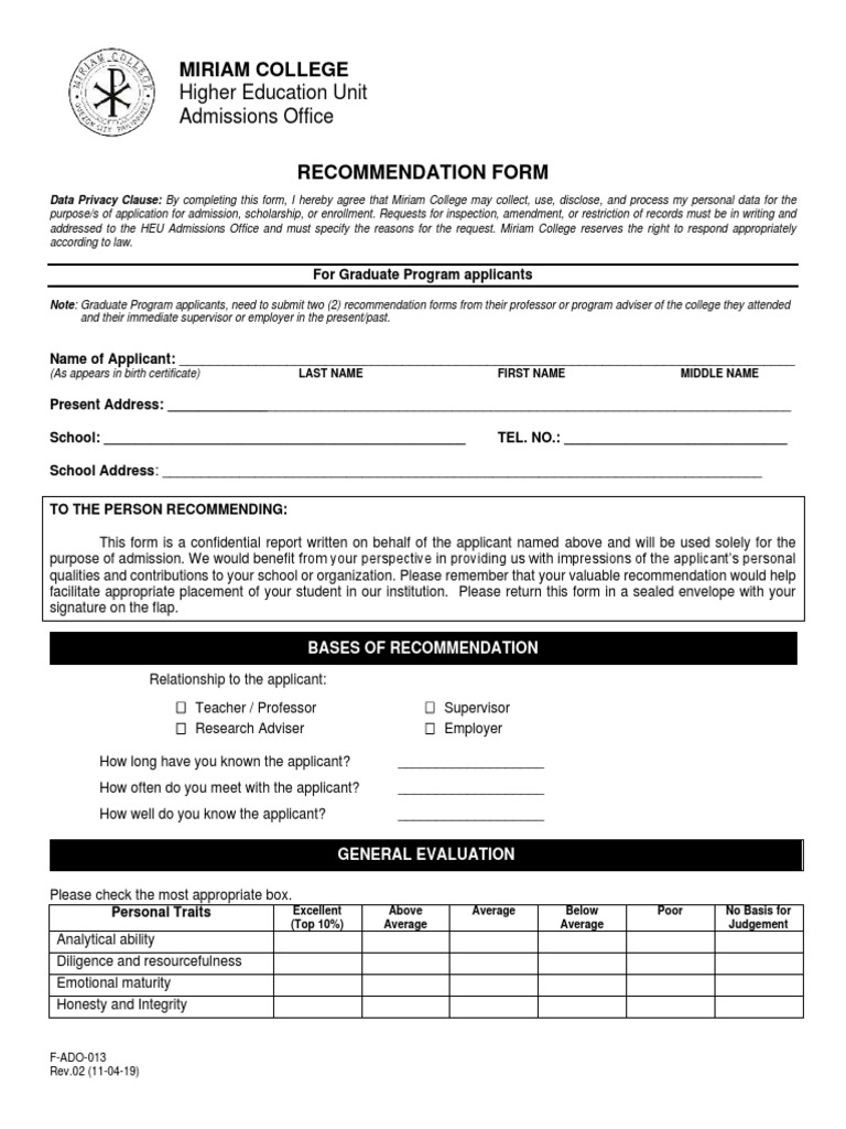 Miriam College Gile Recommendation Form Feb2020-1 | PDF | Business ...