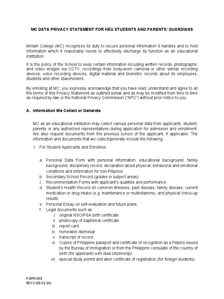 MC Data Privacy Statement for Students | PDF | Discovery (Law) | School ...