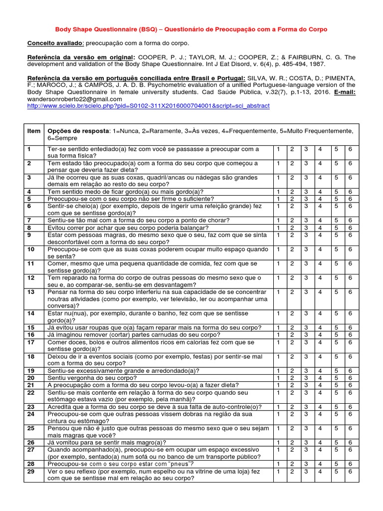 BSQ Questionario de Preocupacao Com A Forma Do Corpo | PDF | Médico da ...