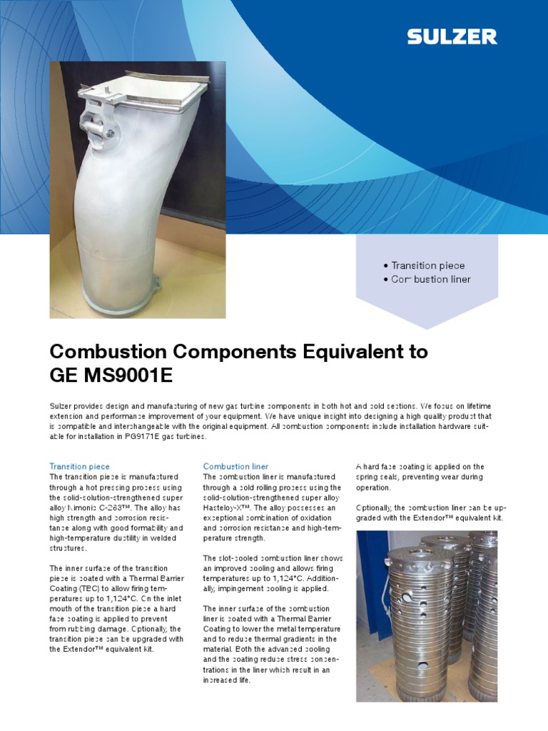 Combustion Components Equivalent To GE MS9001E: - Transition Piece ...