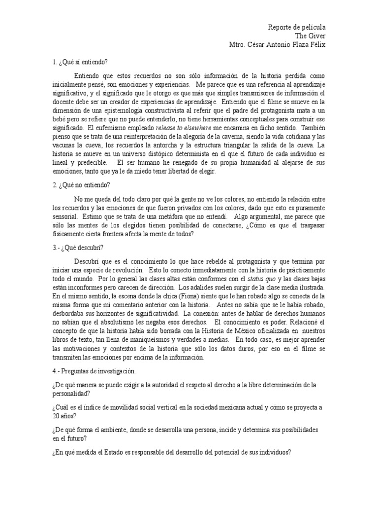 Reporte El Dador de Recuerdos | PDF | Las emociones | Conocimiento