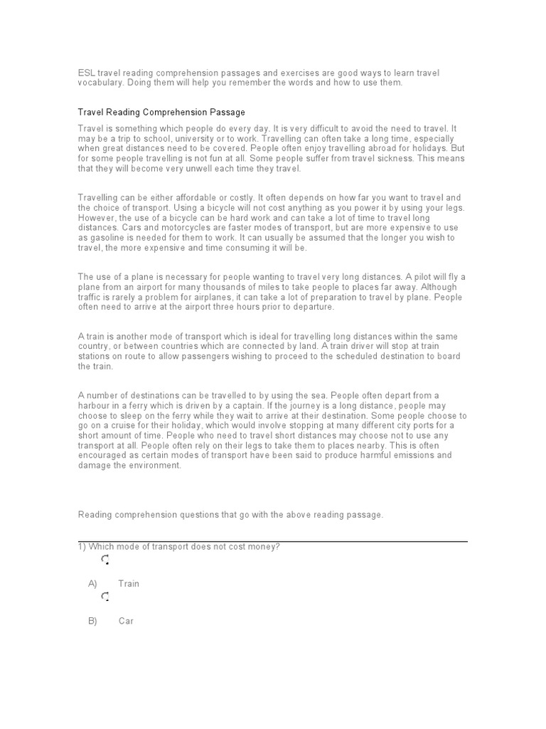 Travel Reading Comprehension for ESL | PDF | Mode Of Transport | Train