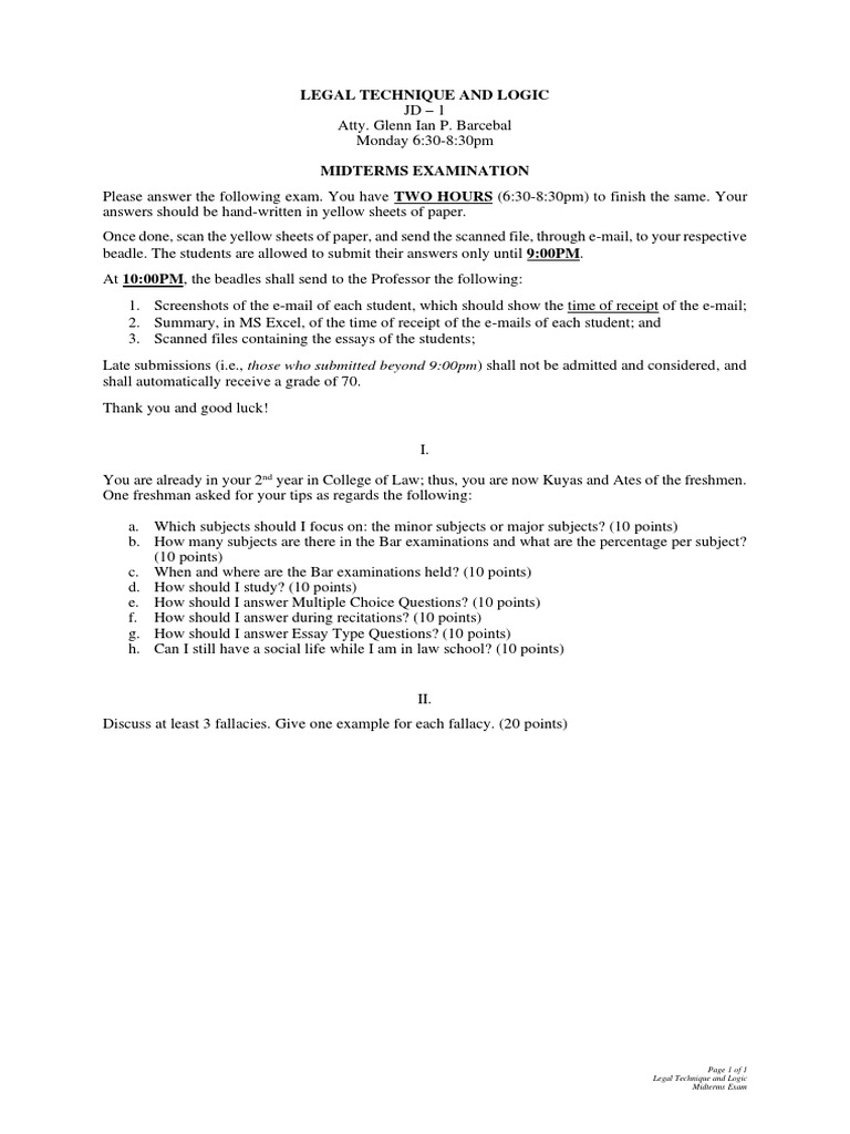 Page 1 of 1 Legal Technique and Logic Midterms Exam | PDF