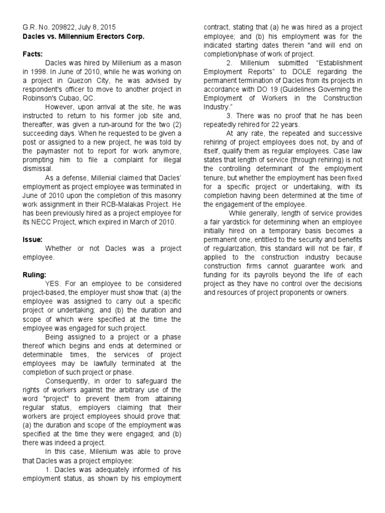 DACLES Vs MILLENIUM ERECTORS | PDF | Employment | Labor