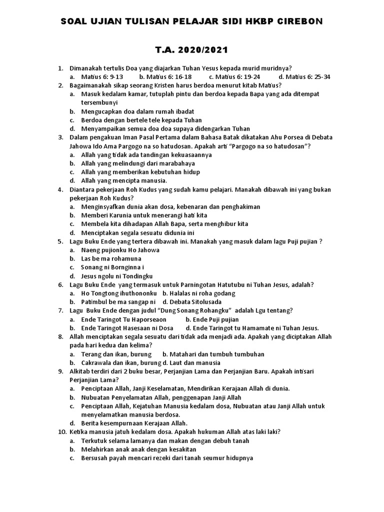 SOAL UJIAN TULISAN PELAJAR SIDI HKBP CIREBON (DipulihkanOtomatis) | PDF