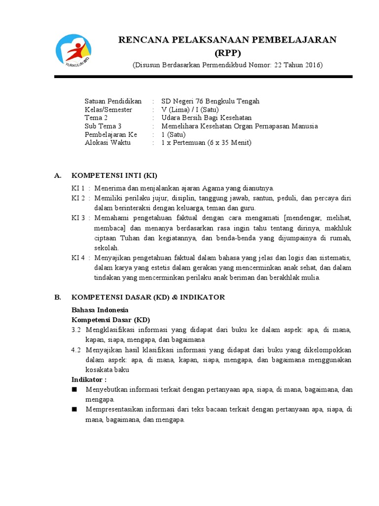 RPP Kelas 5 Tema 2 Sub Tema 3 Pokok Baha | PDF