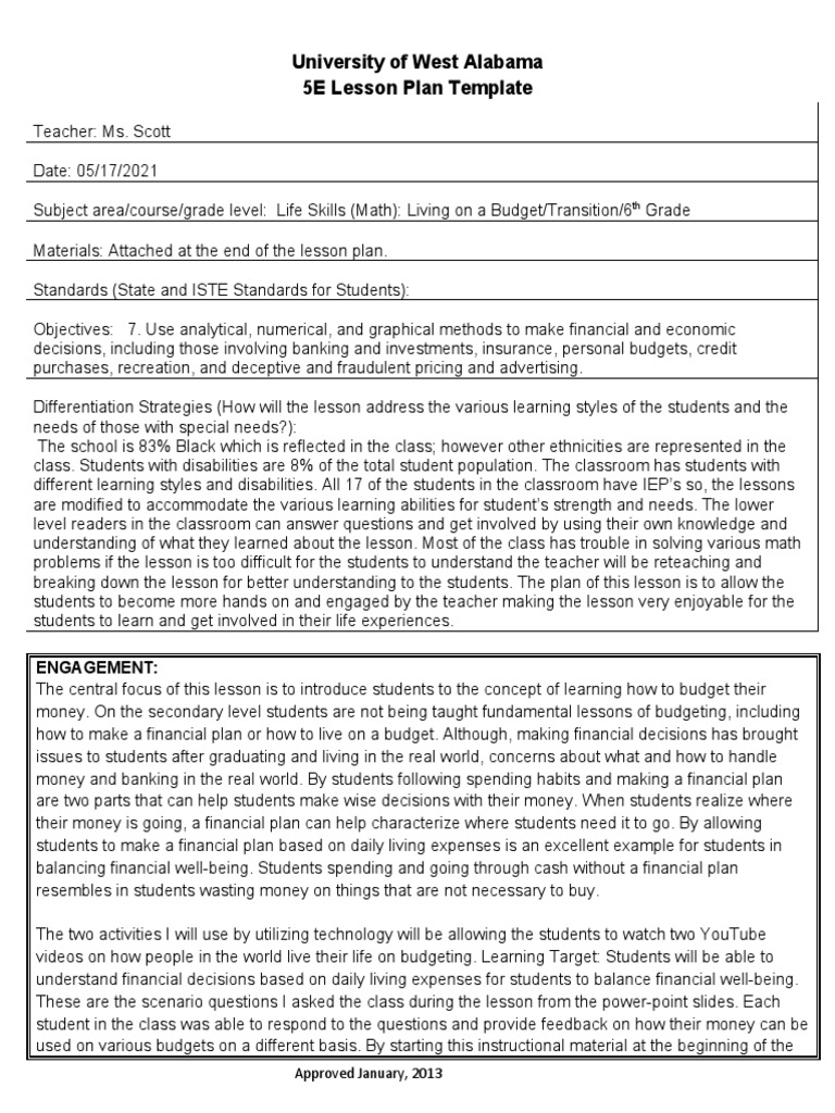 University of West Alabama 5E Lesson Plan Template: Engagement | PDF ...