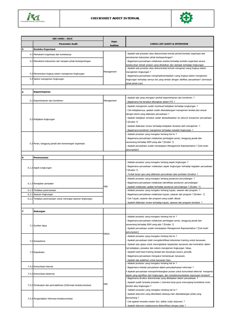 Checklist ISO 14001 2015 | PDF