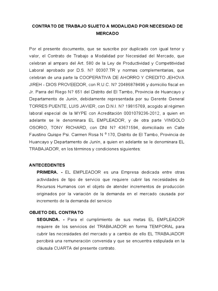 Contrato de Trabajo Sujeto A Modalidad Por Necesidad de Mercado | Descargar gratis PDF | Derecho ...