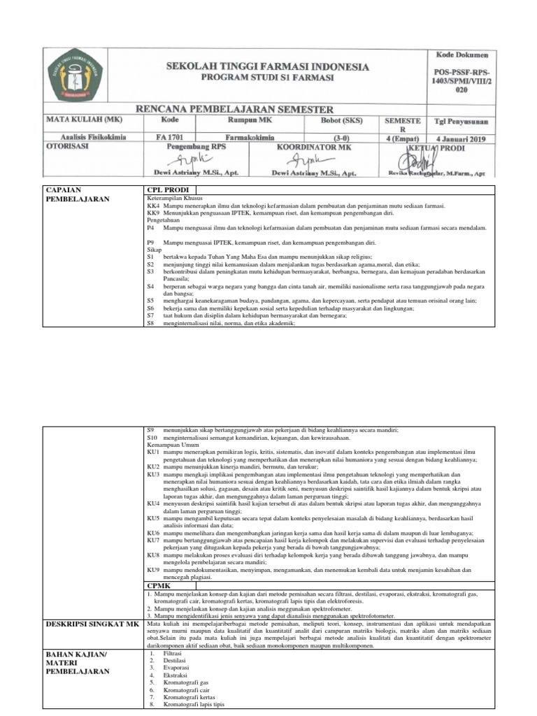 RPS MK Analisis Fisikokimia | PDF