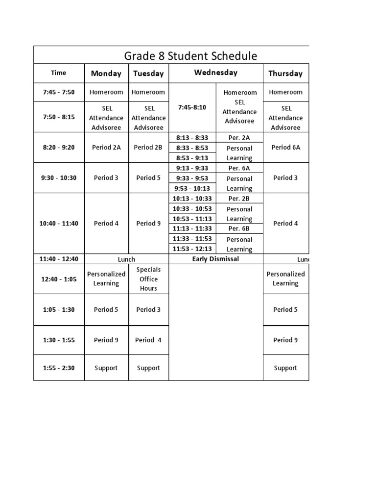 8th Grade Virtual Schedule (REVISED) | PDF