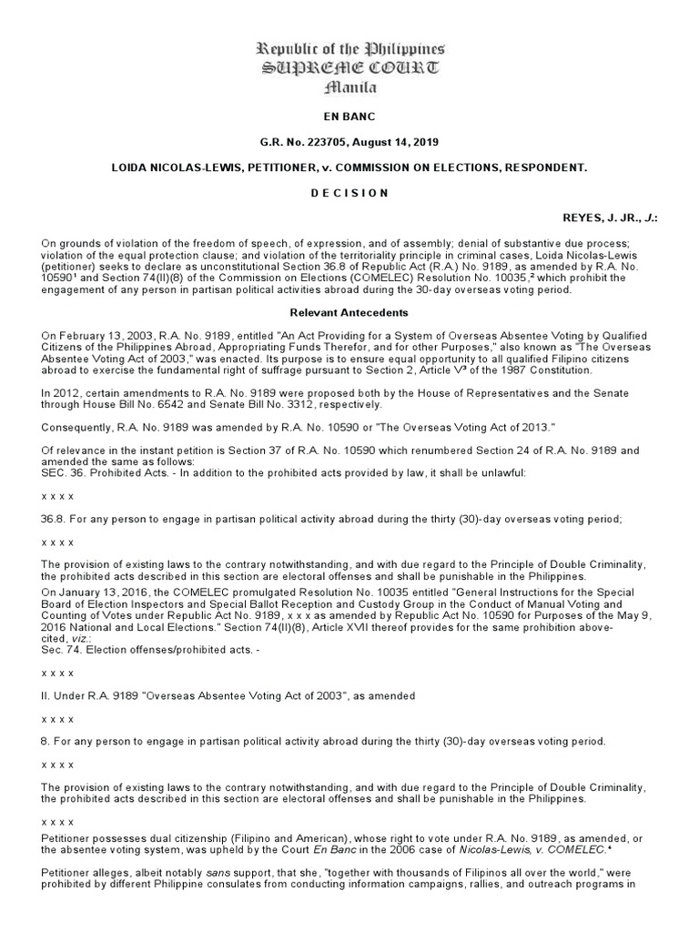 Nicolas-Lewis v. COMELEC (August 14, 2019) | PDF | Overbreadth Doctrine | First Amendment To The ...