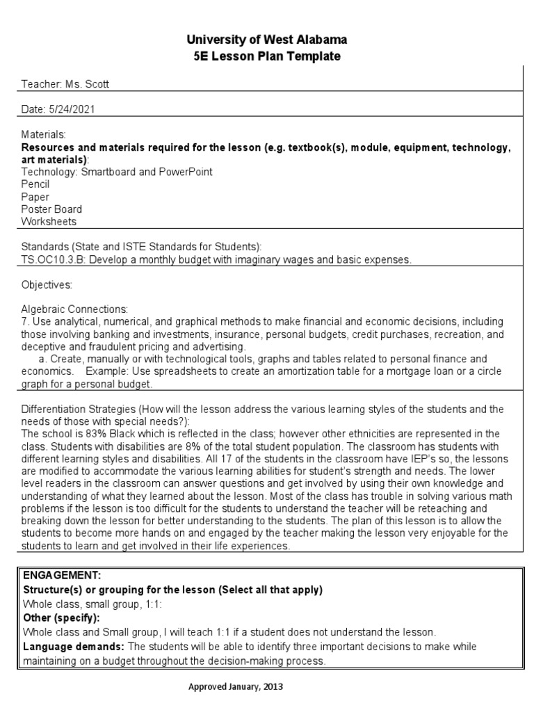 University of West Alabama 5E Lesson Plan Template: Approved January ...