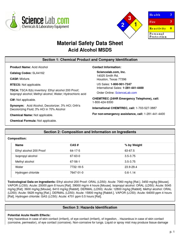 Acid Alcohol MSDS Overview | PDF | Ethanol | Silver