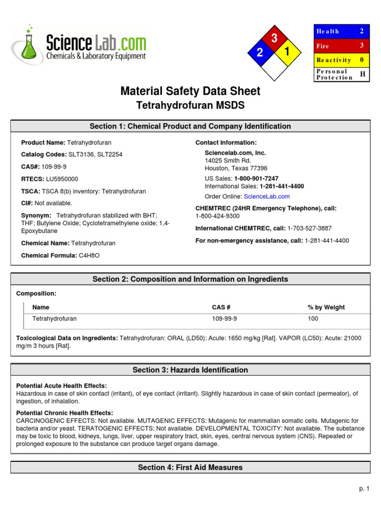 Msds Tetrahydrofluran (Lem PVC) | PDF | Dangerous Goods | Toxicity