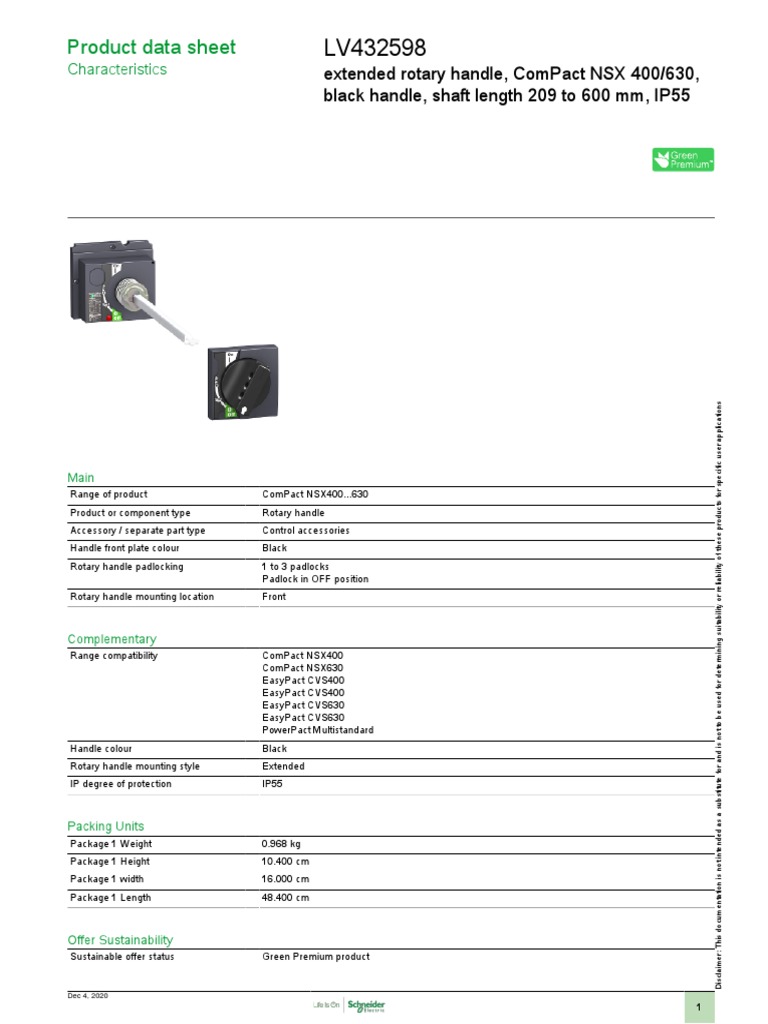 Product Data Sheet: Extended Rotary Handle, Compact NSX 400/630, Black ...