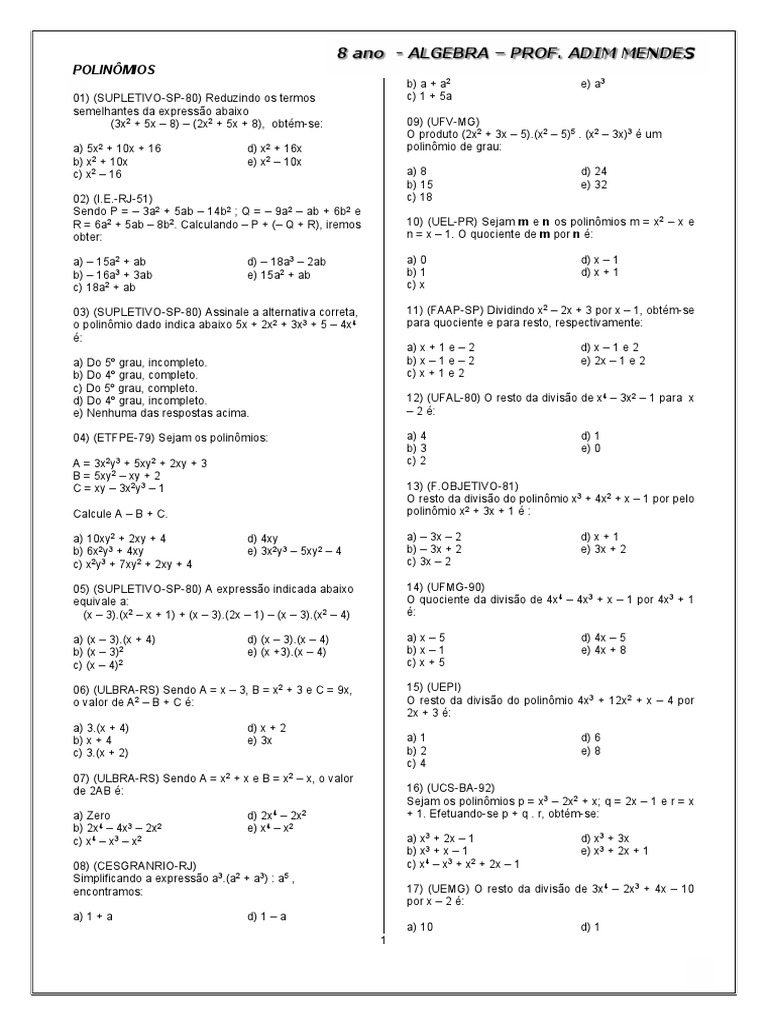 8 ANO - Algebra - Polinomios | PDF | Análise | Conceitos matemáticos