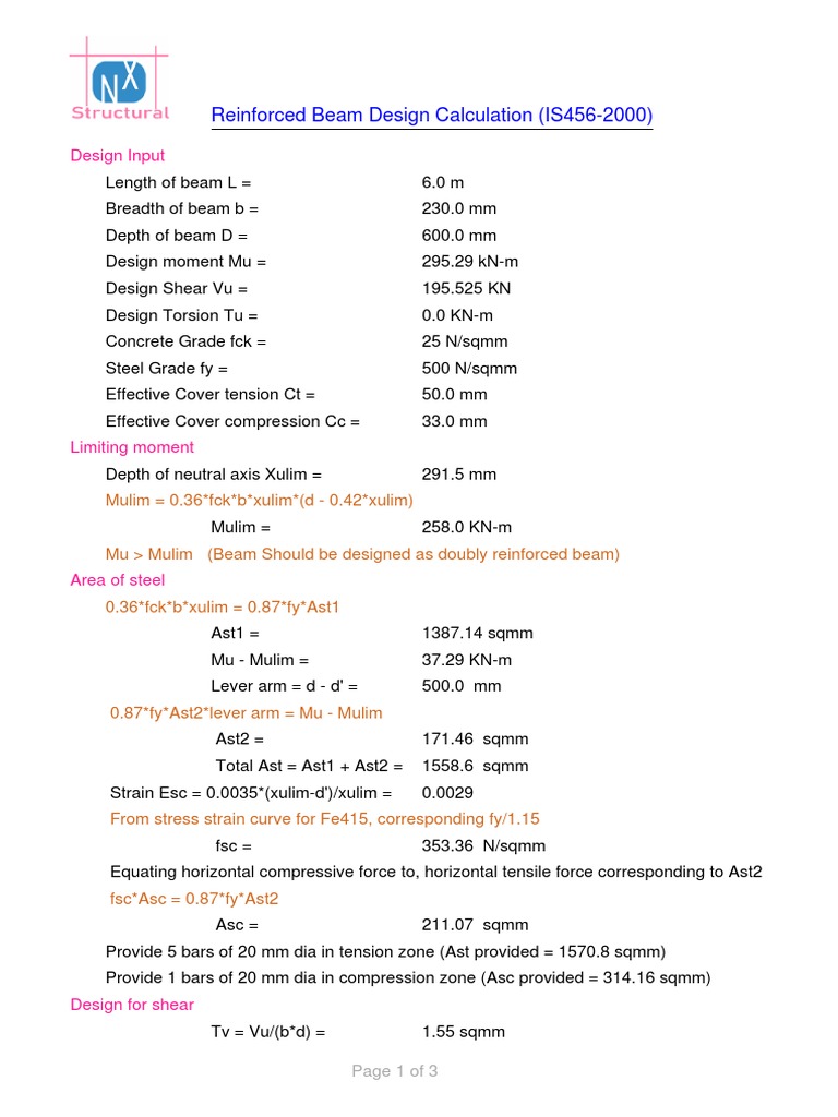 Reinforced Beam Design Calculation (IS456-2000) | Download Free PDF ...