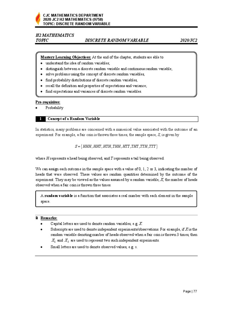 M6 2020 Discrete Random Variable Notes For SLS | PDF | Probability ...