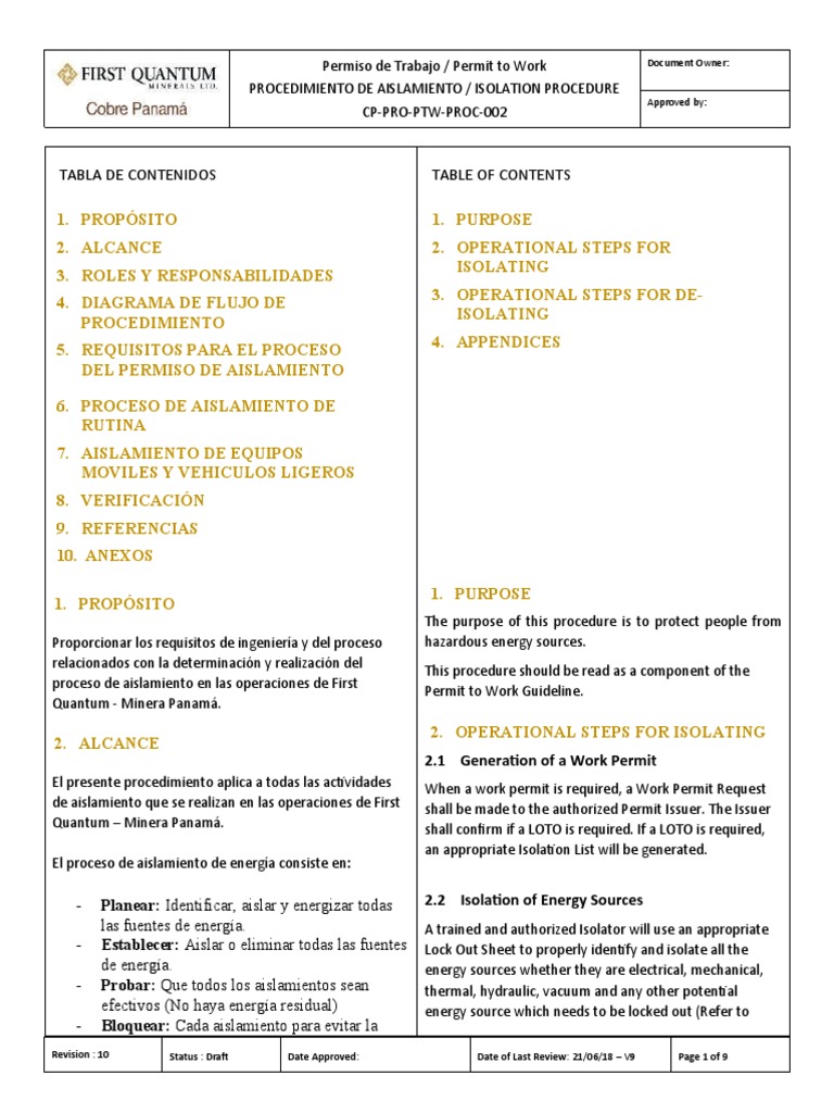 CP-PRO-PTW-PROC-002 Lock Out-Tag Out (LOTO) SE Draft V11 Process Plant ...