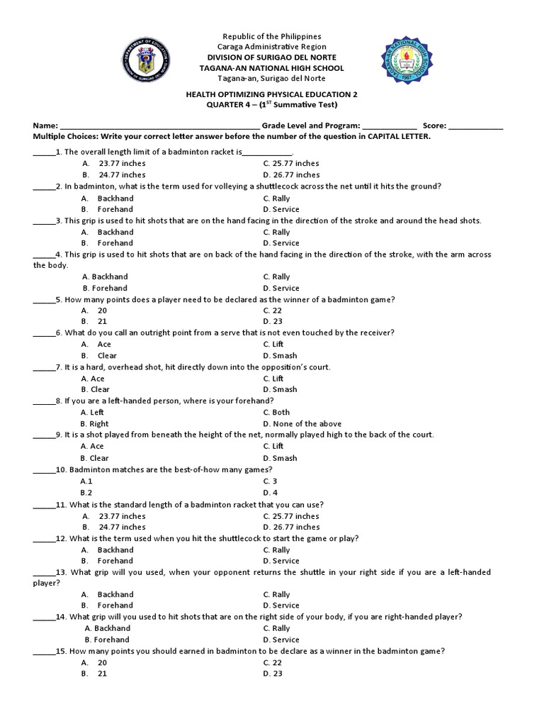 QTR 4 - Summative Test 1 | PDF | Recreation | Ball Games