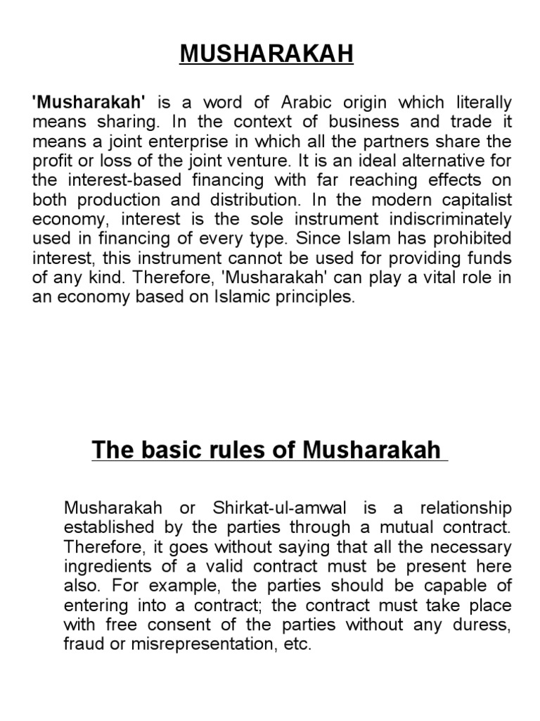 Musharakah: 'Musharakah' Is A Word of Arabic Origin Which Literally ...