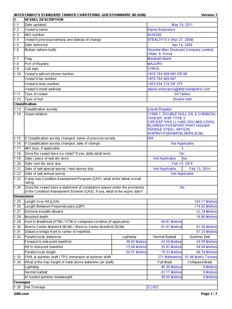 Intertanko'S Standard Tanker Chartering Questionnaire 88 (Q88) 1 ...