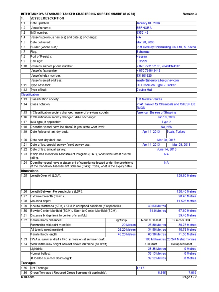 Intertanko'S Standard Tanker Chartering Questionnaire 88 (Q88) 1 ...