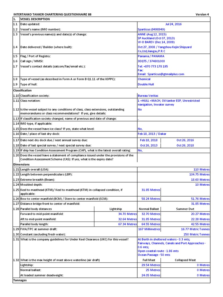 Intertanko Tanker Chartering Questionnaire 88 1. Vessel Description ...
