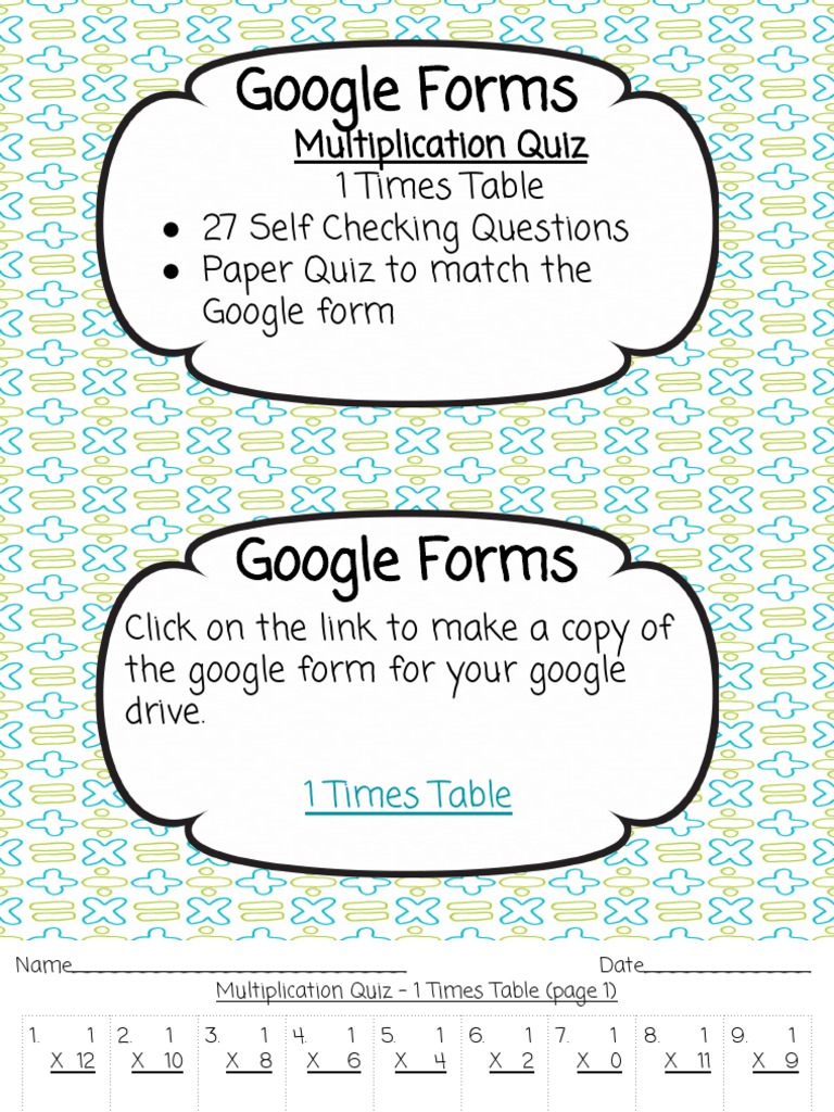 Google Forms: Multiplication Quiz 1 Times Table 27 Self Checking ...