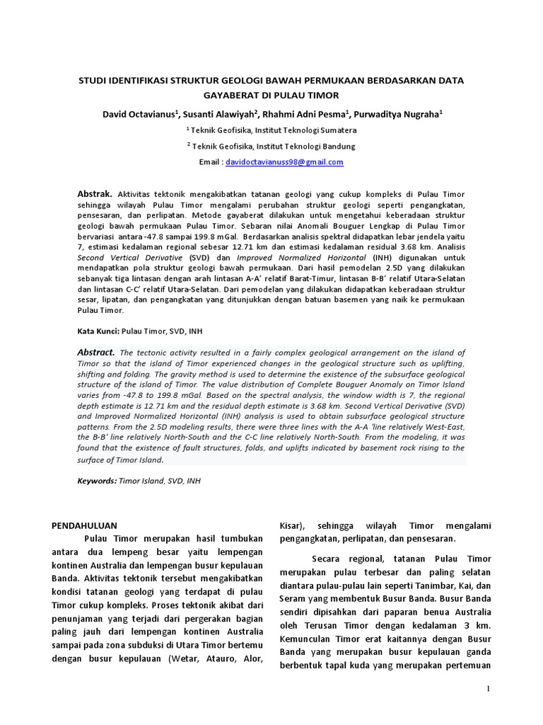 Studi Identifikasi Struktur Geologi Bawah Permukaan Berdasarkan Data Gayaberat Di Pulau Timor | PDF