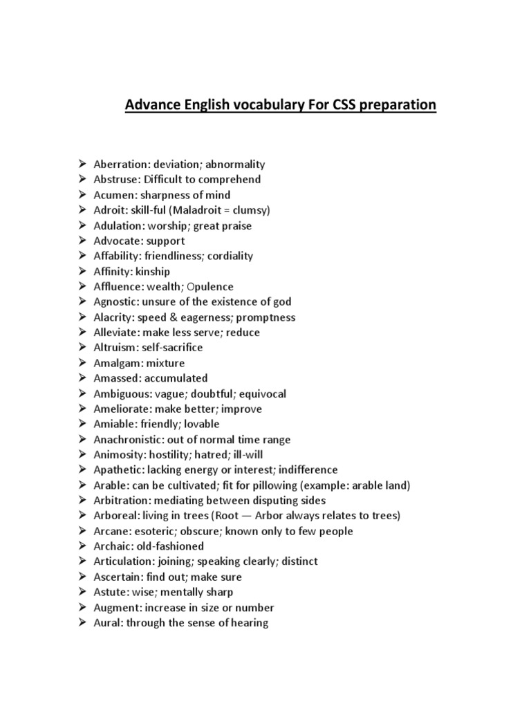 Advanced Vocabulary for CSS Prep | PDF | Psychological Concepts
