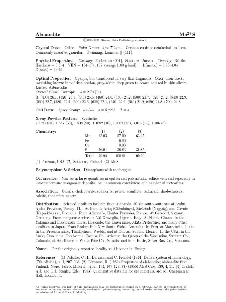 Alabandite MN S: Crystal Data | PDF | Chemical Compounds | Crystallography