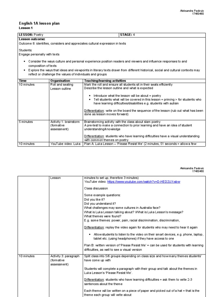 English 1a Lesson Plan Assessment 1 | PDF | Lesson Plan | Poetry