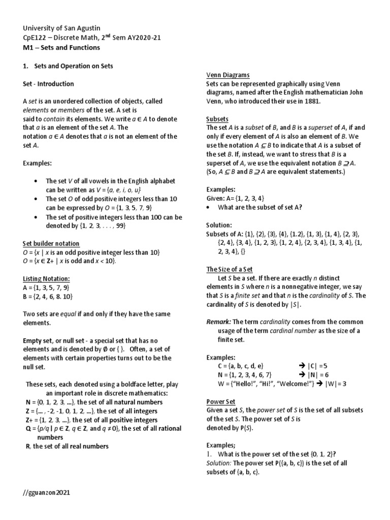 M1 - Sets and Functions: University of San Agustin Cpe122 - Discrete ...
