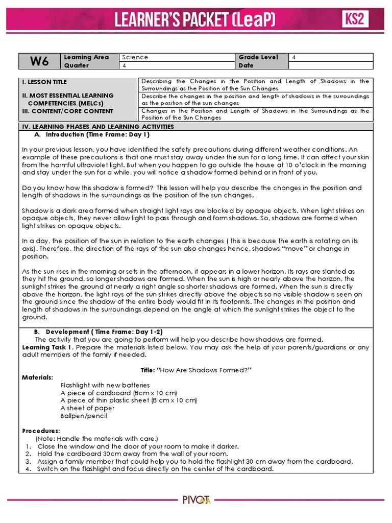 Q4 Science 4 Week6 | PDF | Shadow | Sun