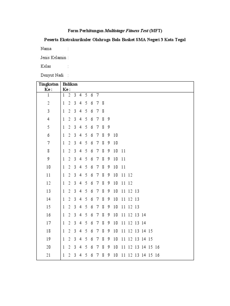 Form Perhitungan Multistage Fitness Test FIX | PDF