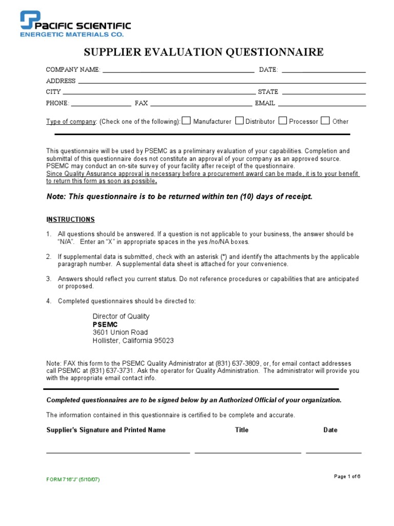 Supplier Evaluation Questionnaire: Instructions | PDF | Calibration ...