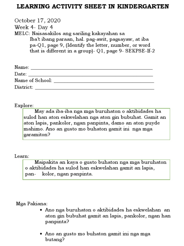 Worksheet in Kindergarten Week4 Day4 Act.1 | PDF